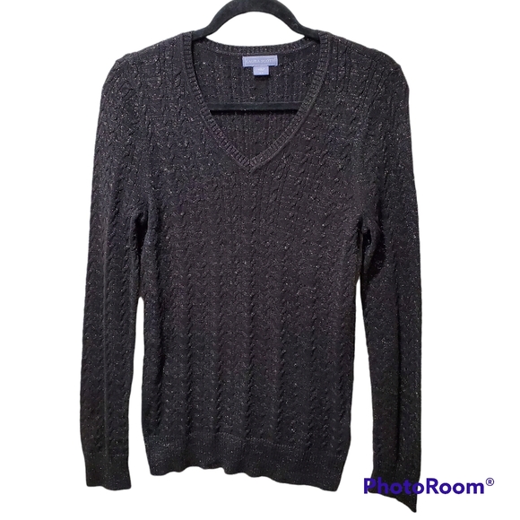 Laura Scott | Sweaters | Laura Scott Black Metallic Vneck Cable Knit ...